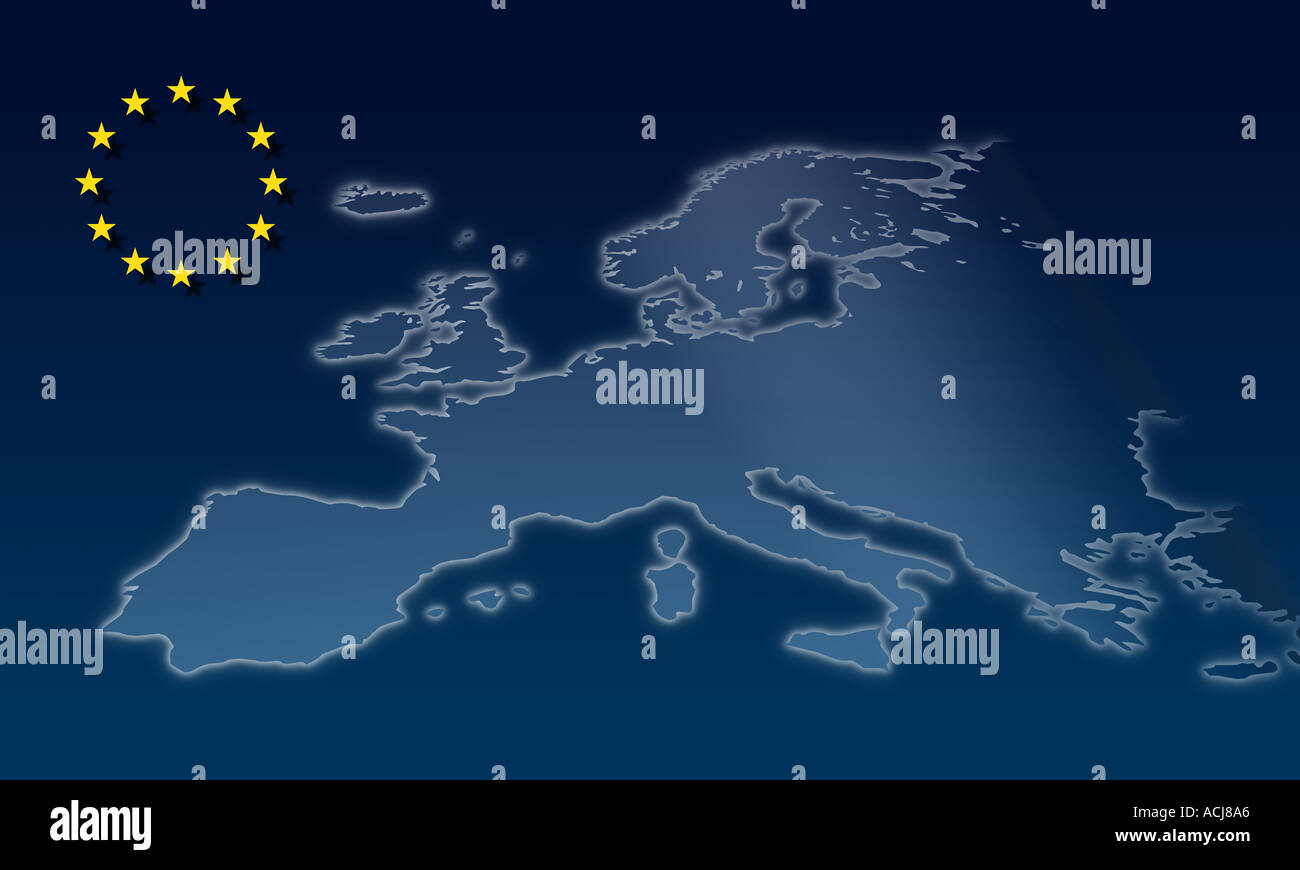 Muted Blue Map of Europe with Small Ring of Stars Stock Photo - Alamy