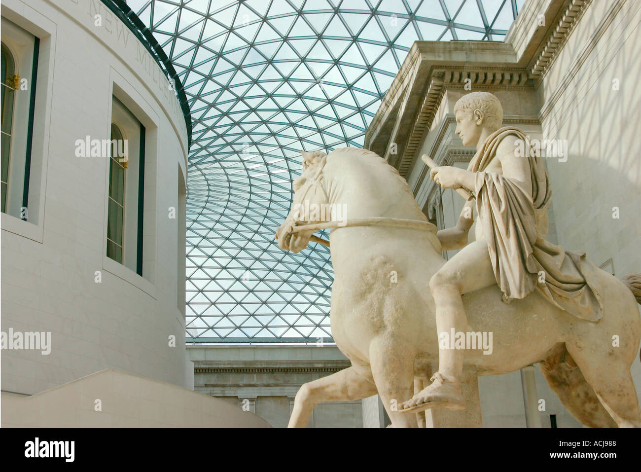 statues and roof of The Great Court of The British Museum London ...