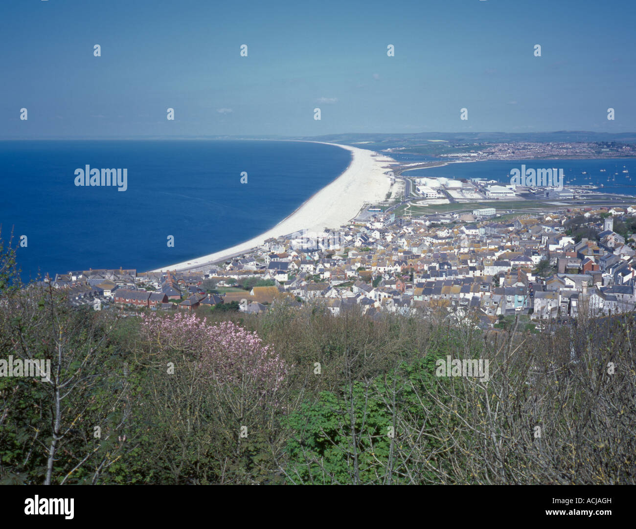 View over Chiswell, Fortuneswell and Chesil Beach, with Portland ...