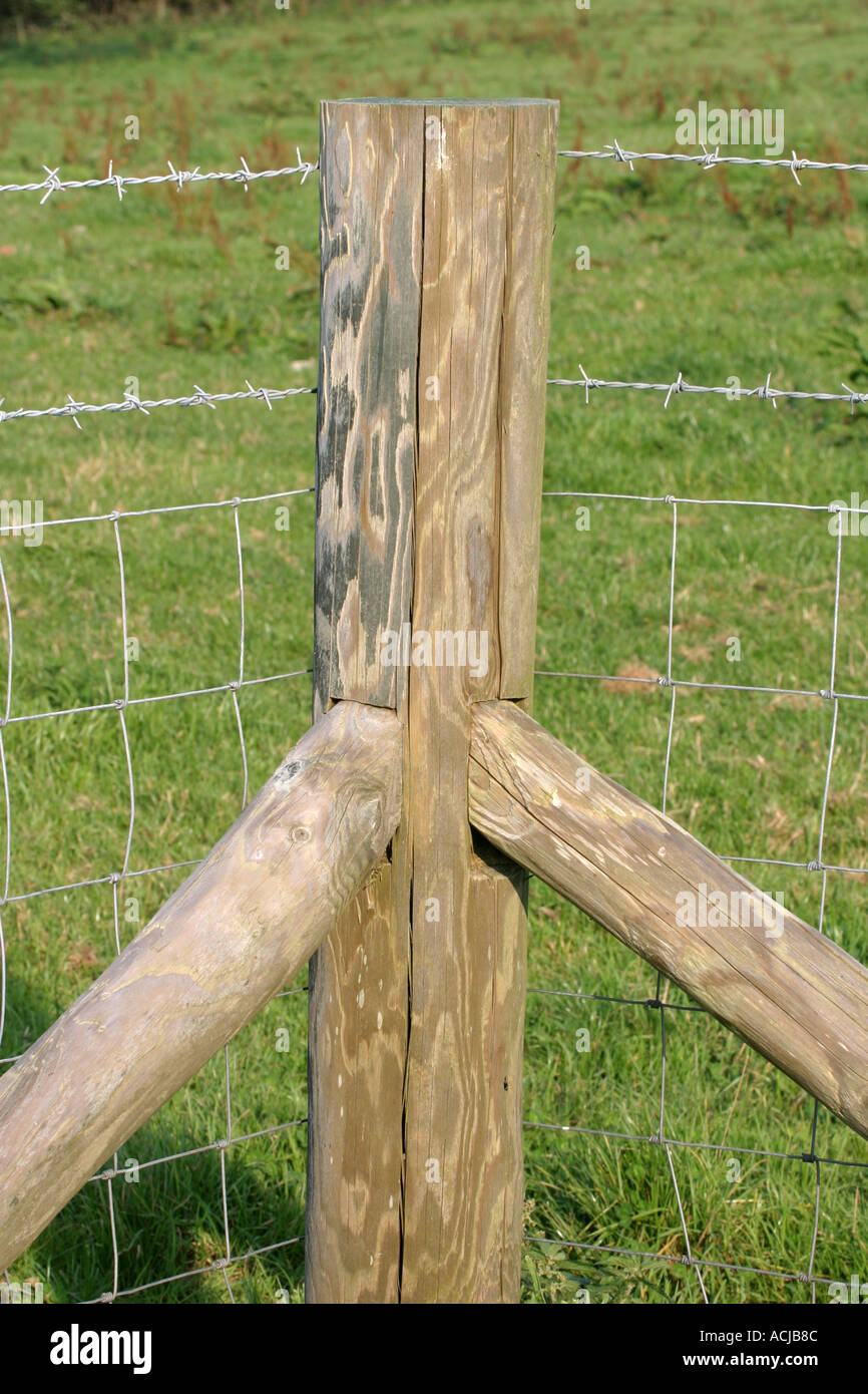 Fence posts close up with barbed wire and stock wire Stock Photo - Alamy