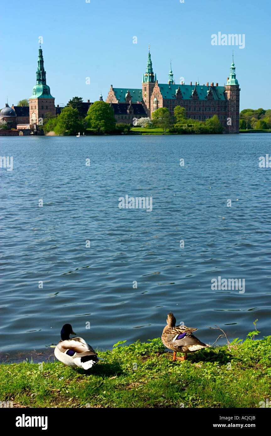 Two ducks at the moat of the Frederiksborg Royal Castle Zealand Denmark ...
