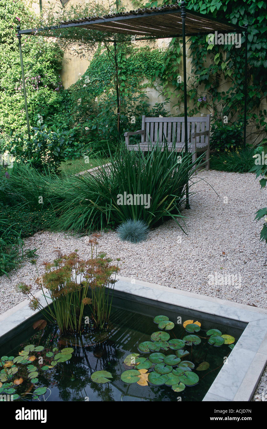 Basin with aquatic plants bench and shelter on the background verdure ...