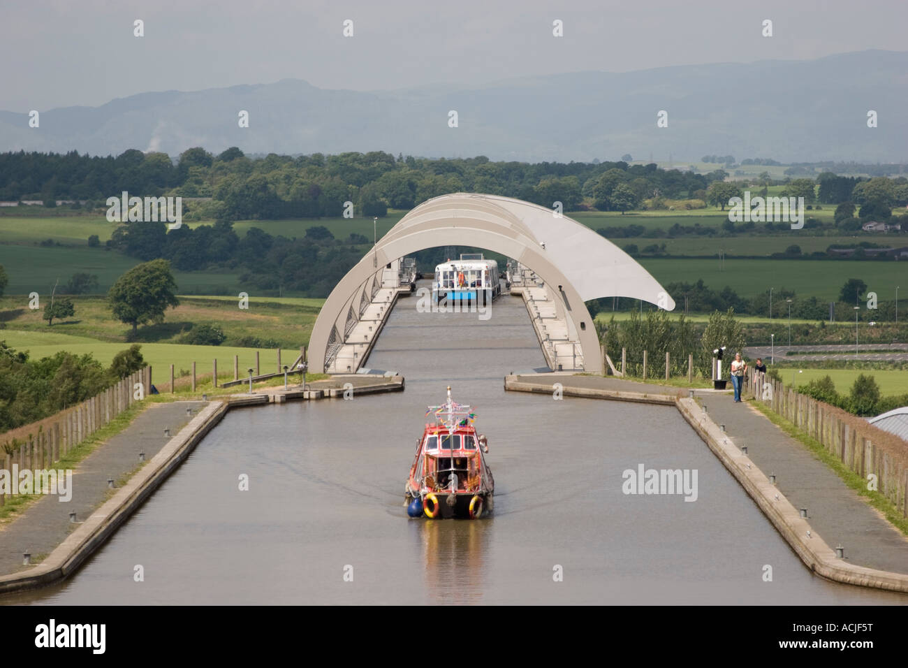 View of canal aqueduct and wheel mechanism Falkirk Wheel Scotland UK ...
