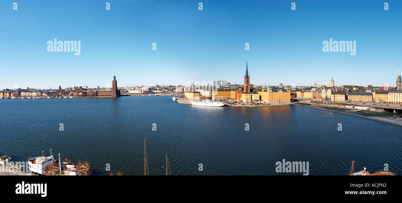 A wide panorama over Riddarfjarden water from left to right: the Soder ...