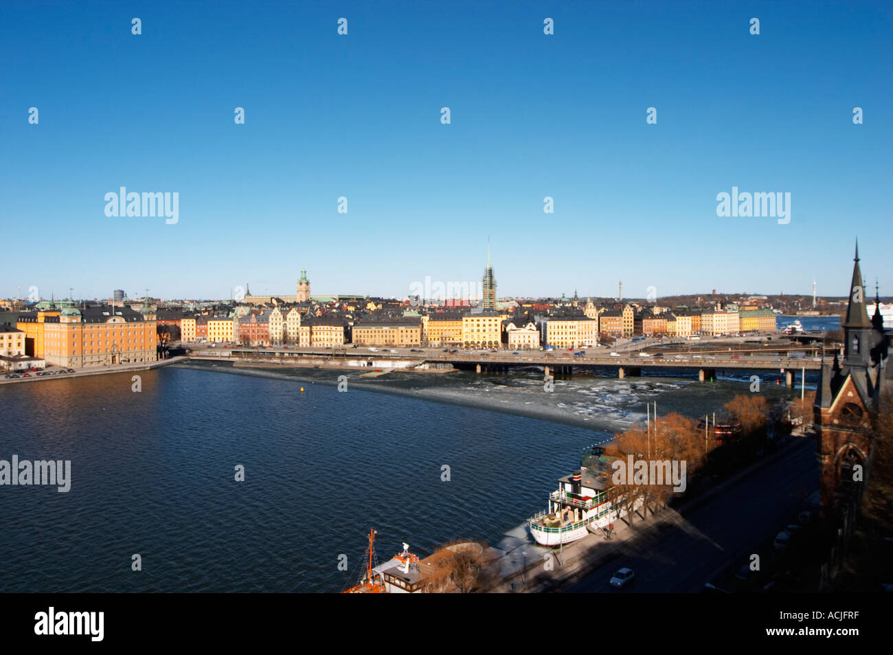 A view over Riddarfjarden water from left to right: Riddarholmen the ...