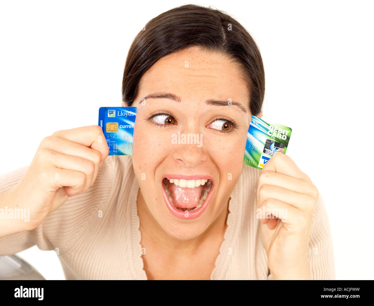 Young Woman Cutting Credit Card Model Released Stock Photo - Alamy