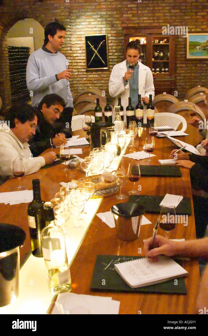 The winemaker and oenologist and a group of wine tasters tasting in the ...