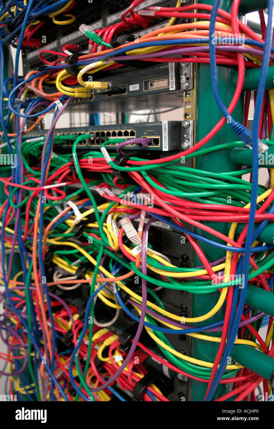 Mass of coloured network wiring - 10BaseT Category 5 network wiring in ...