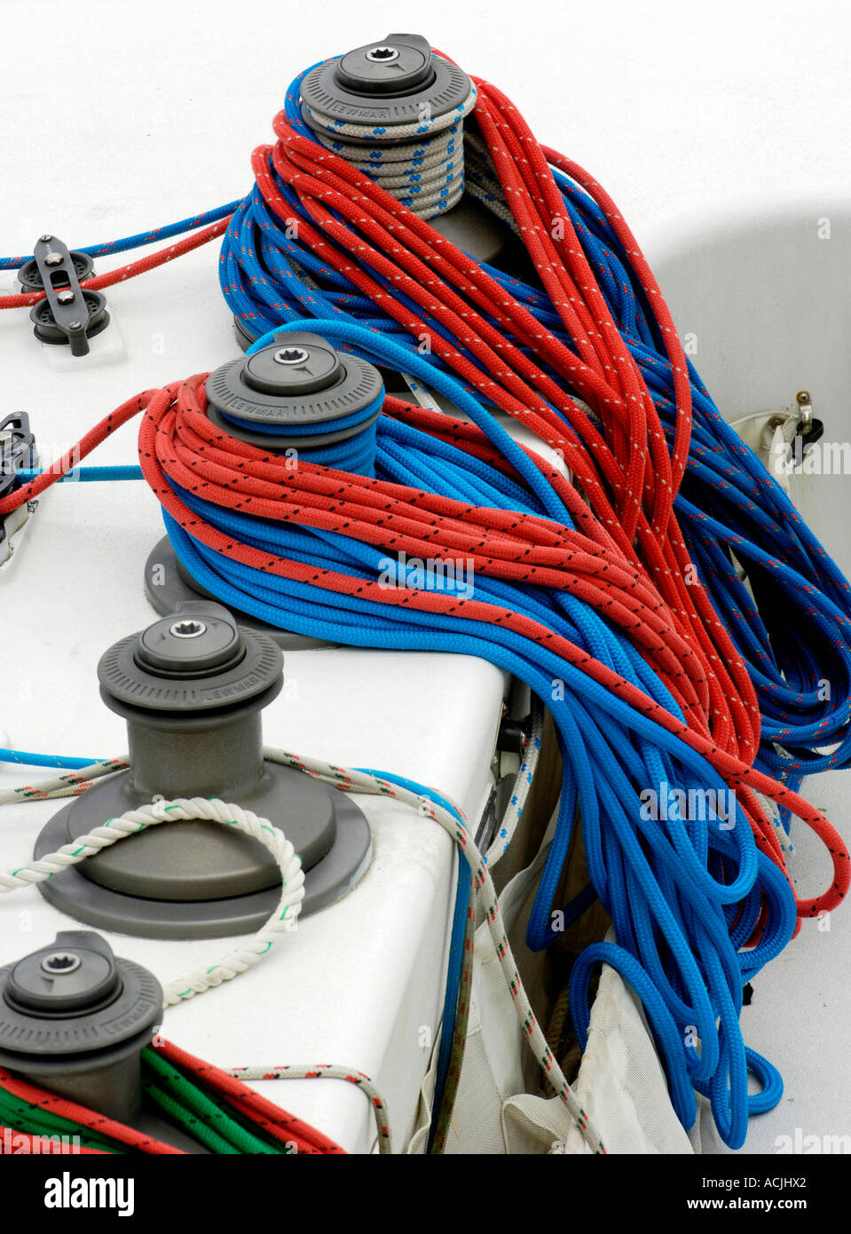 Red and blue ropes on winches, ocean racing sailing yacht Stock Photo ...