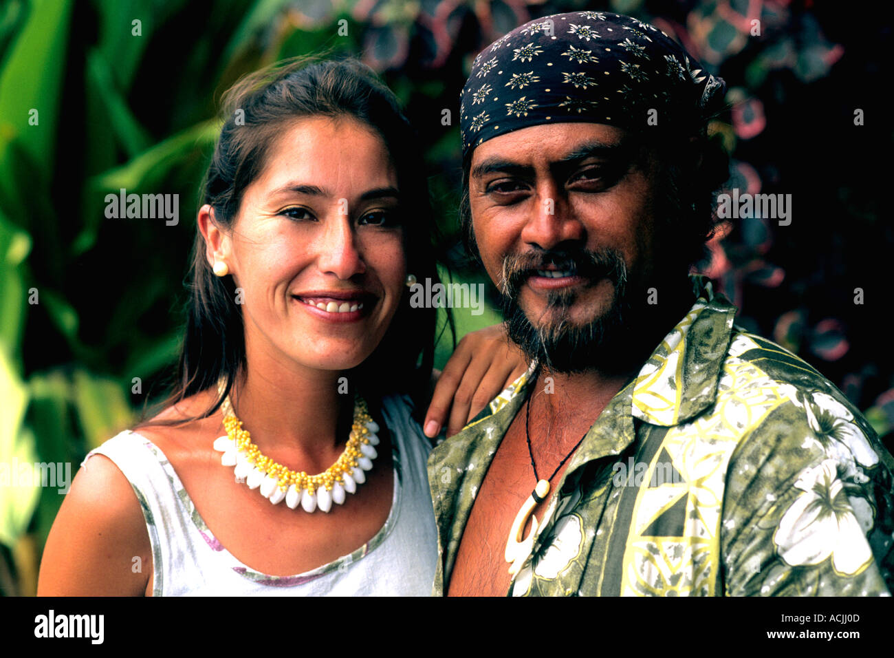 Colorful portrait of native couple Easter Island during Tapati Festival ...