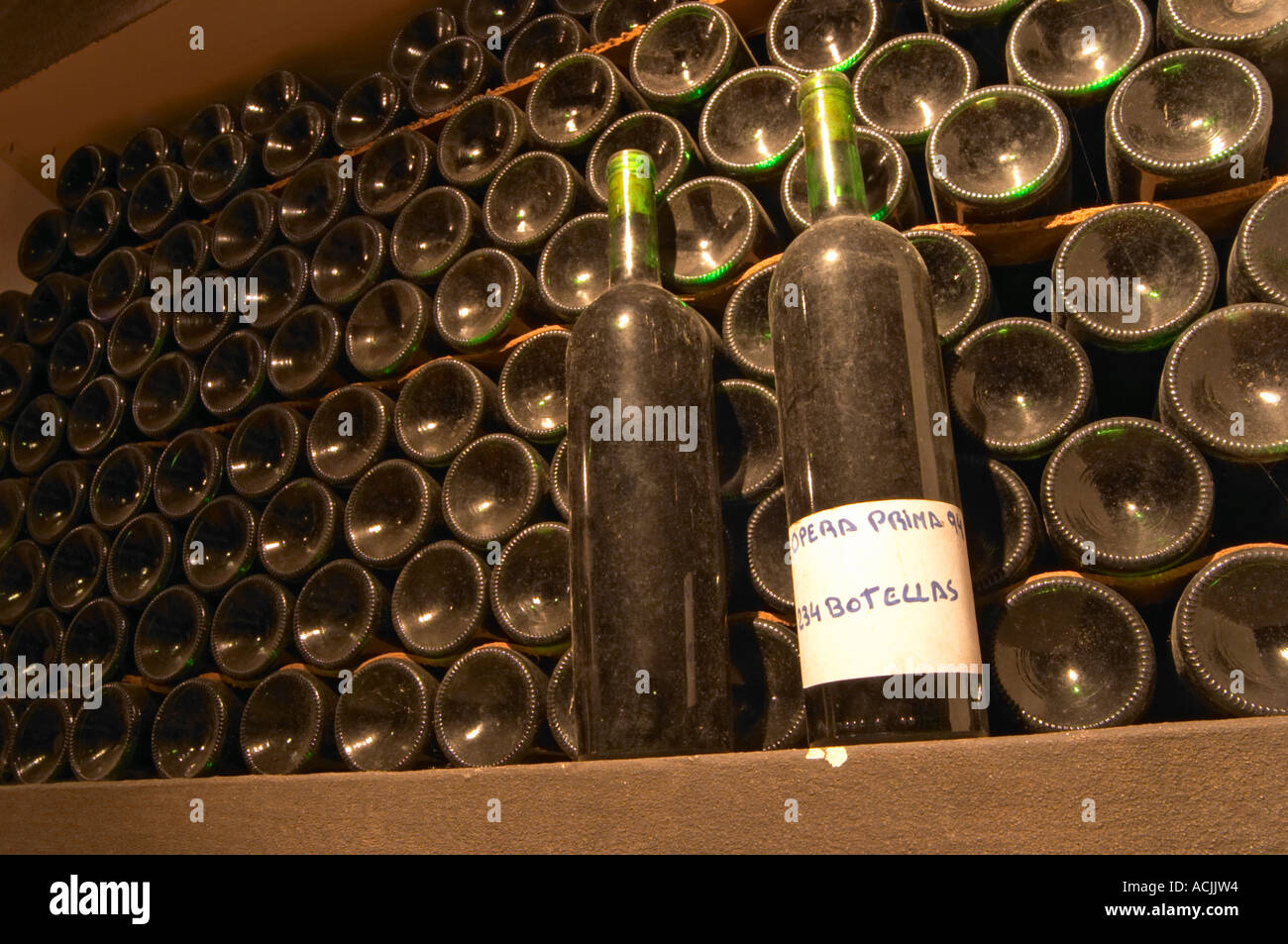 In the bottle aging wine cellar, bottles lying down and two standing ...