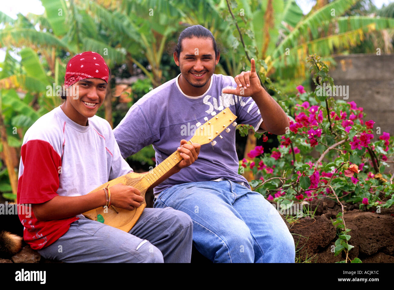Local native men playing music Easter Island during Tapati Festival ...