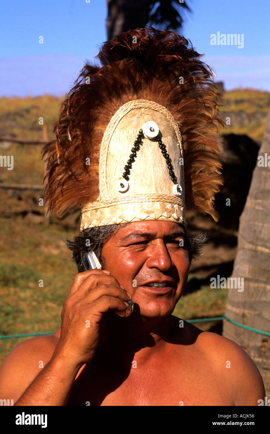 Local native and costume talking on cell phone Easter Island during ...