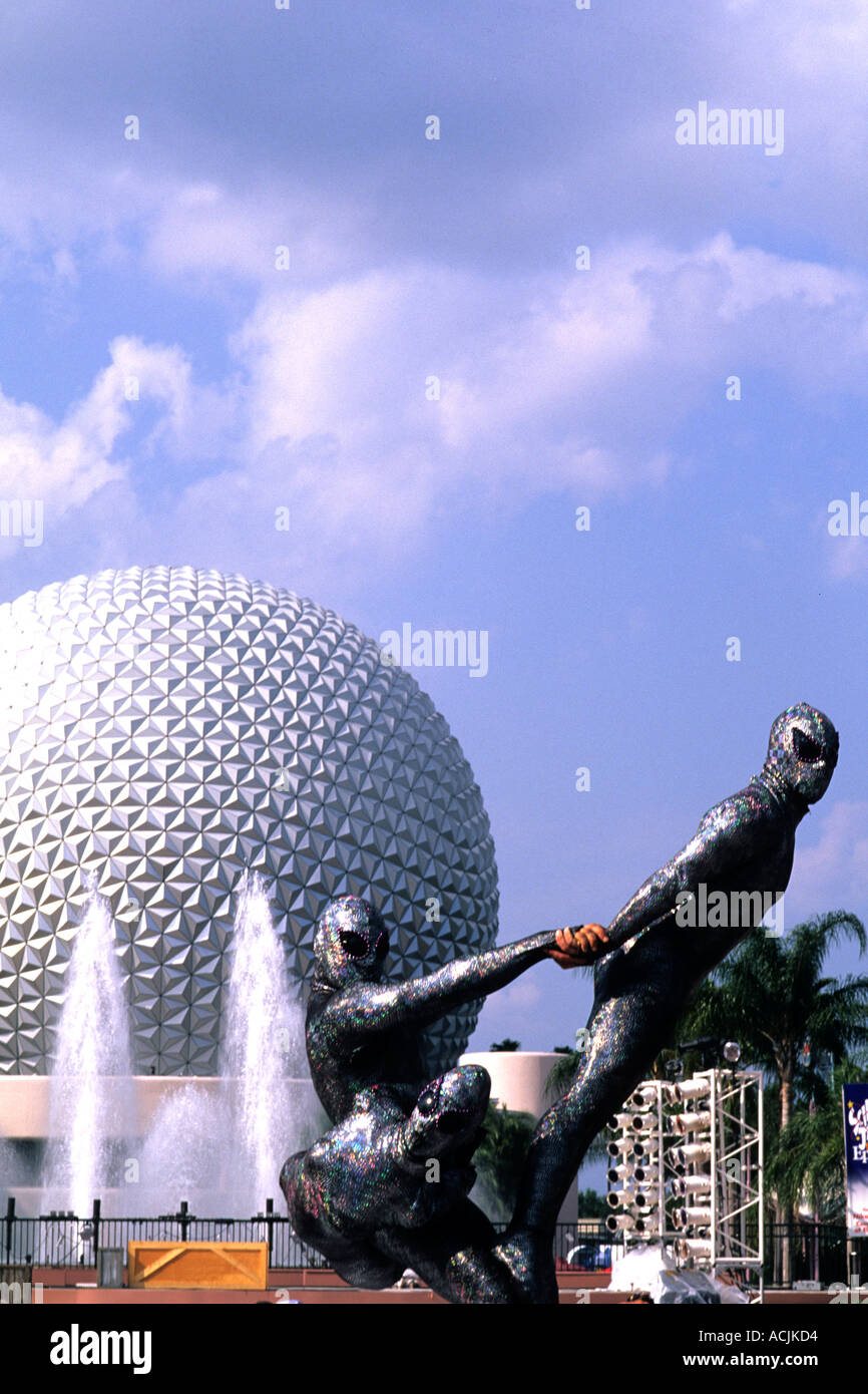 Alien acrobats near Spaceship Earth at Disney Epcot in Orlando Florida ...