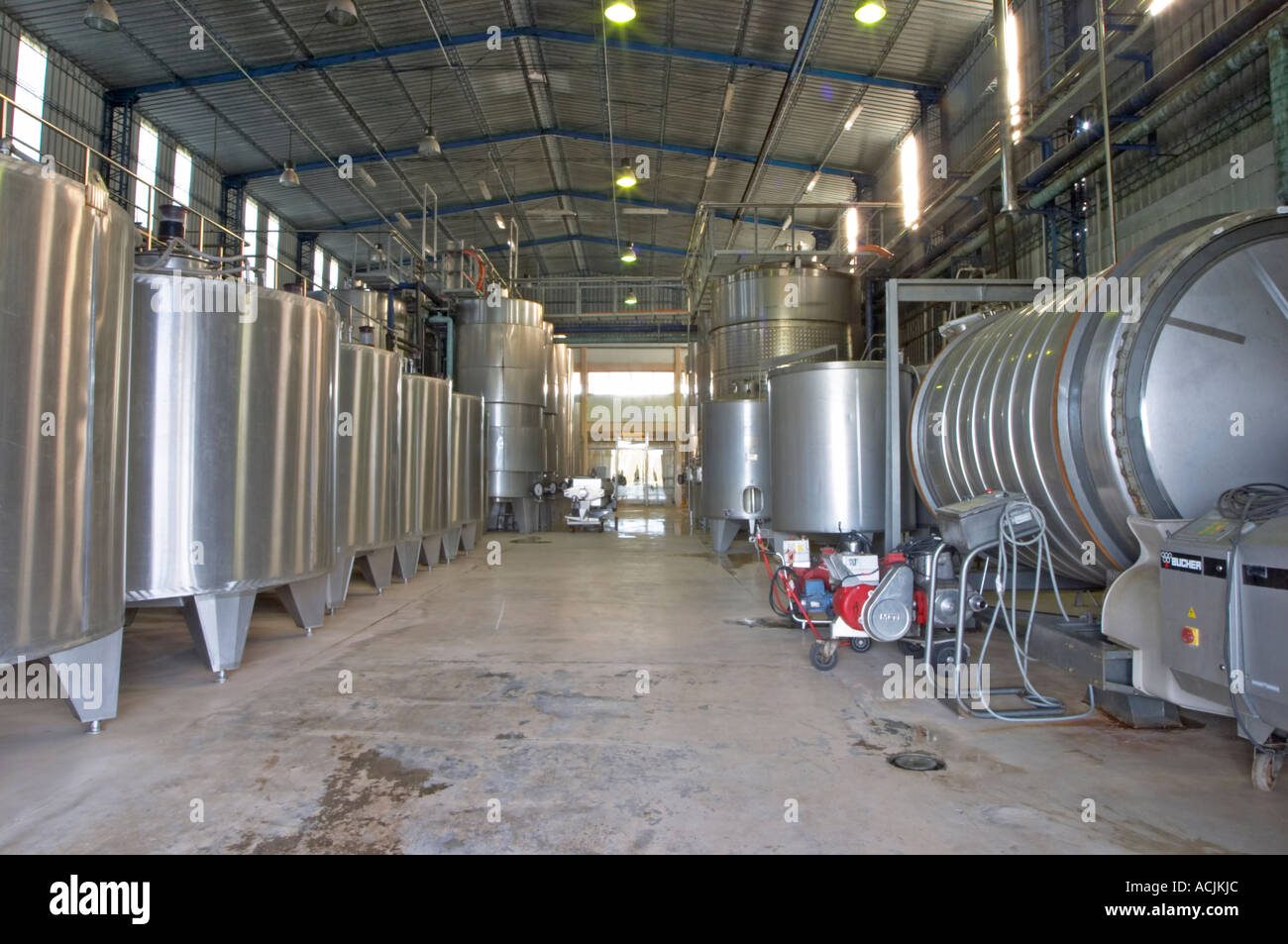 The vat hall with big stainless steel tanks for fermentation and the ...