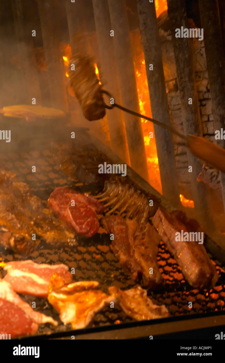 The gigantic huge charcoal grill with pieces of meat being cooked, the ...