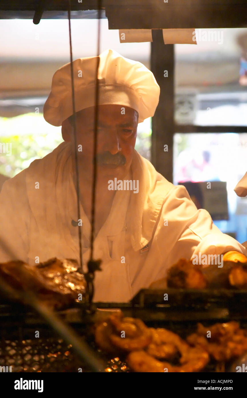 The gigantic huge charcoal grill with pieces of meat being cooked, the ...