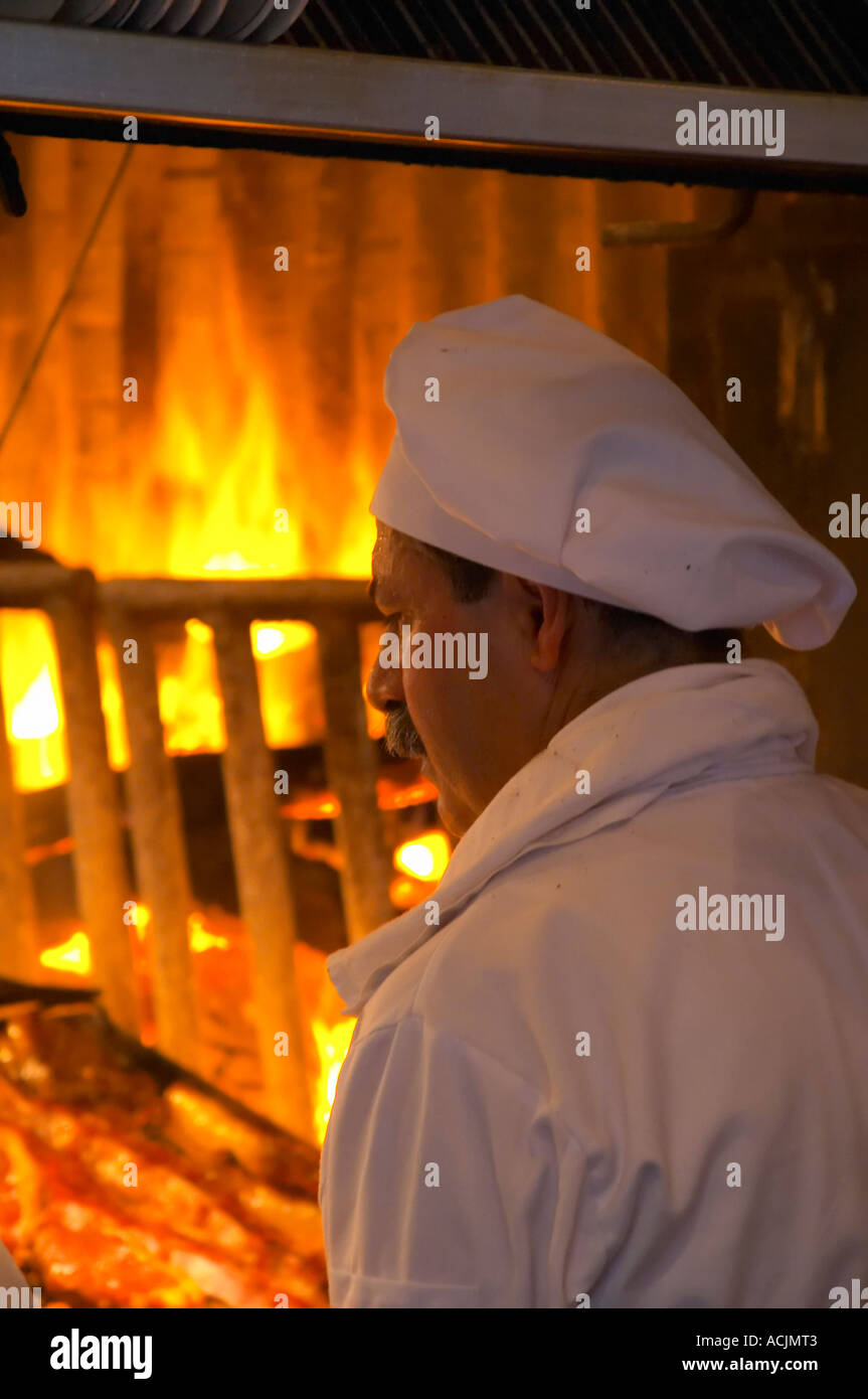 The gigantic huge charcoal grill with pieces of meat being cooked, the ...