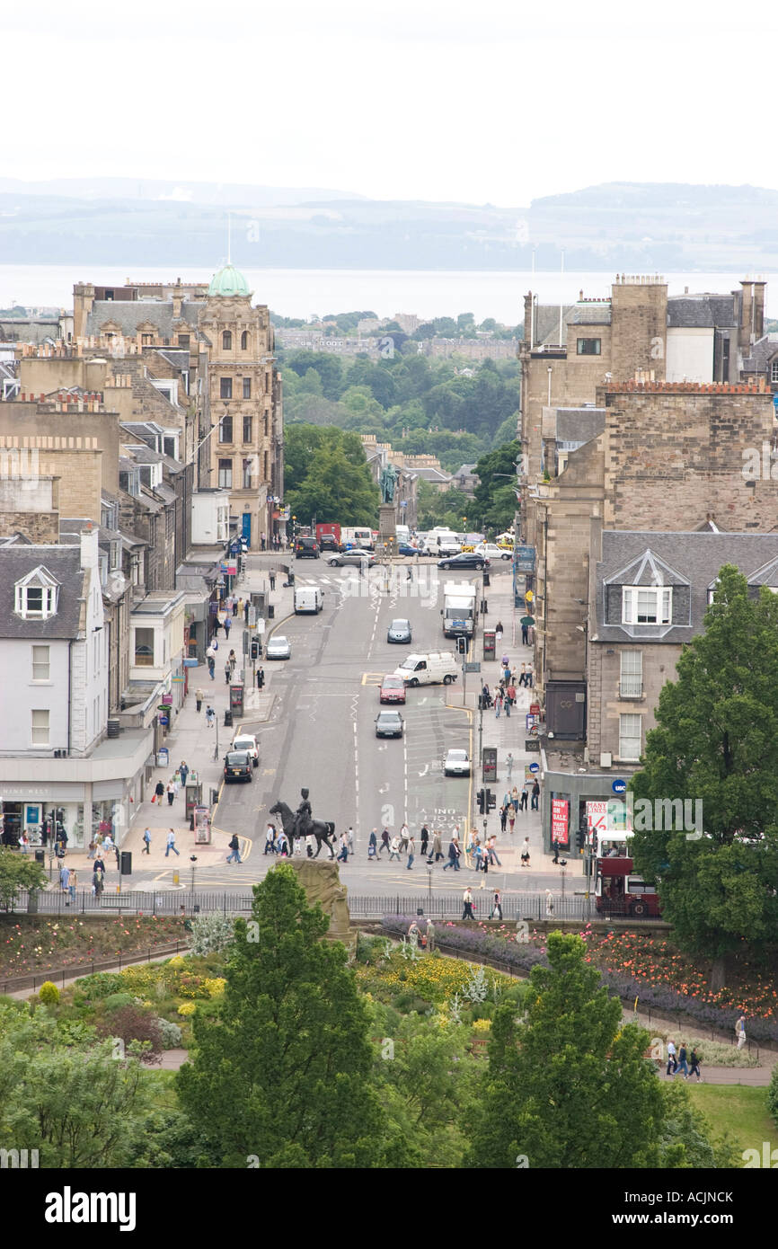 View from the castle north towards Princes Street and the Forth River ...