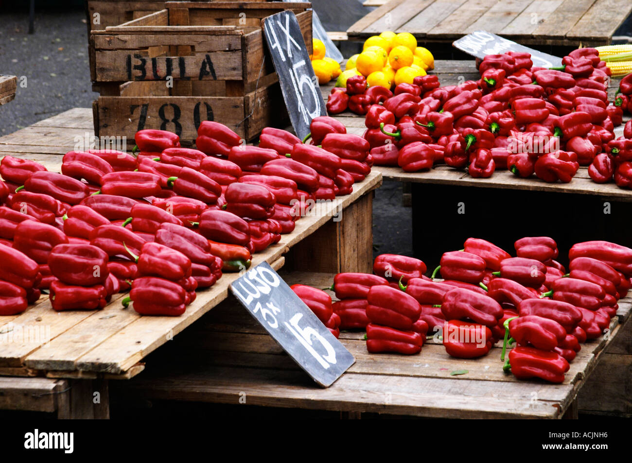 A street market stall selling red bell peppers bellpepper called Lujo ...