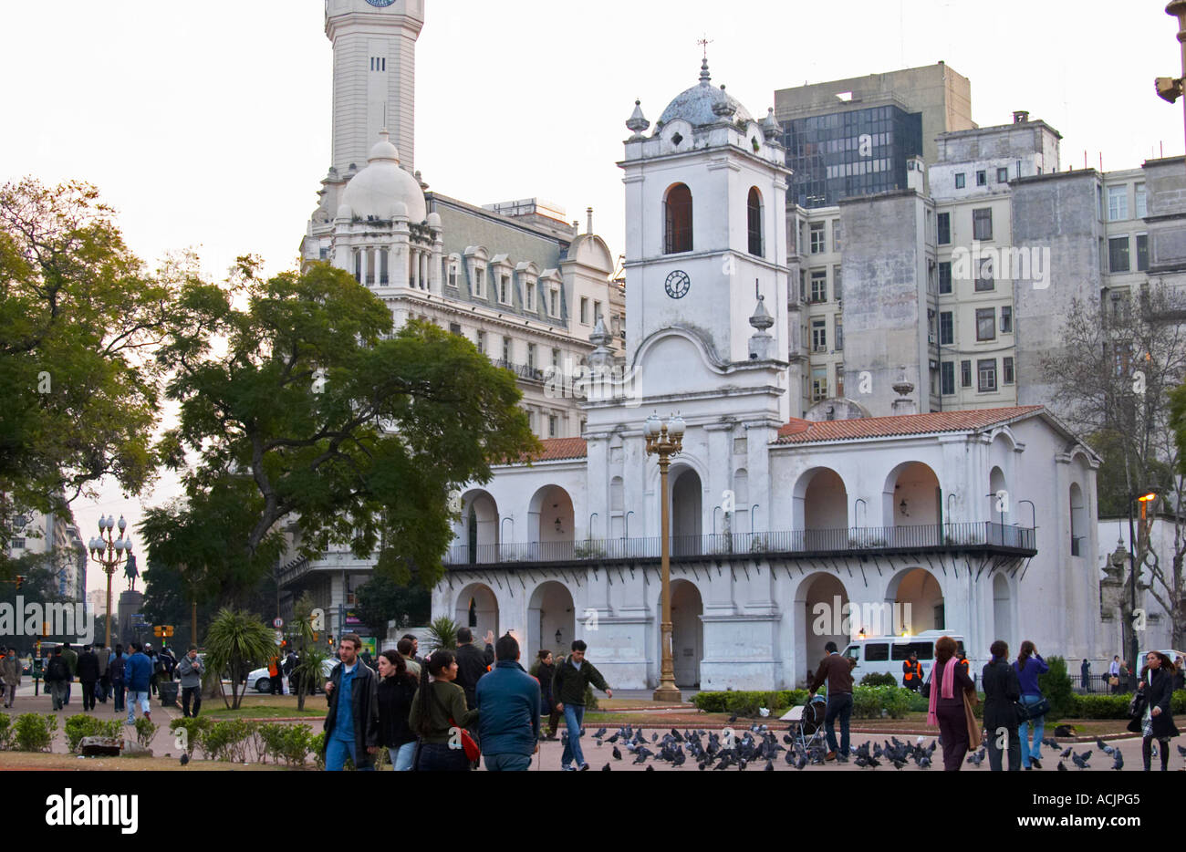 The Cabildo on the Plaza de Mayo May Square, people and pigeons on the ...