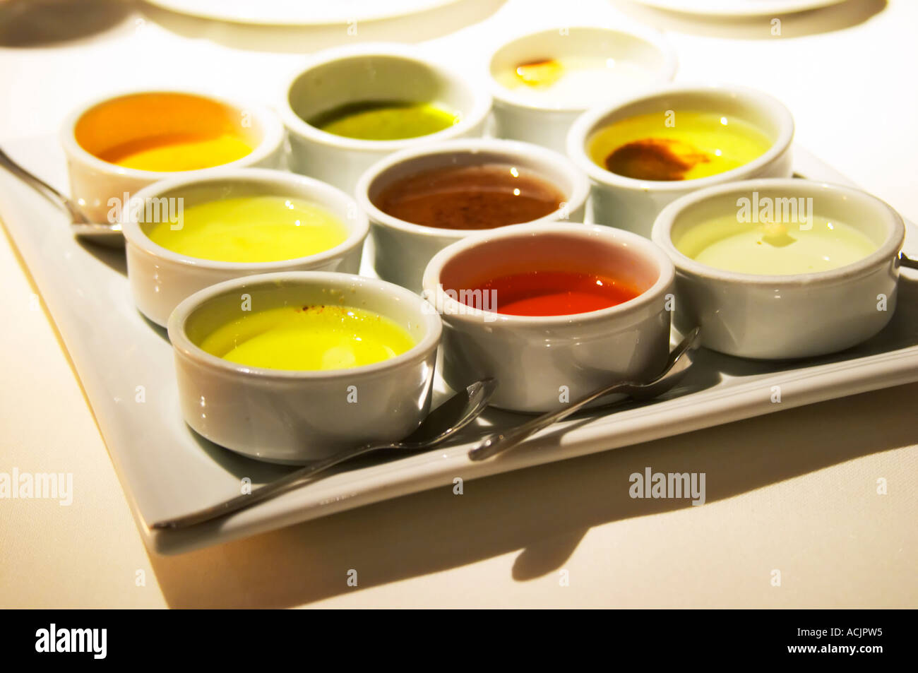 A selection of different kinds of oils. Each oil has a different taste ...