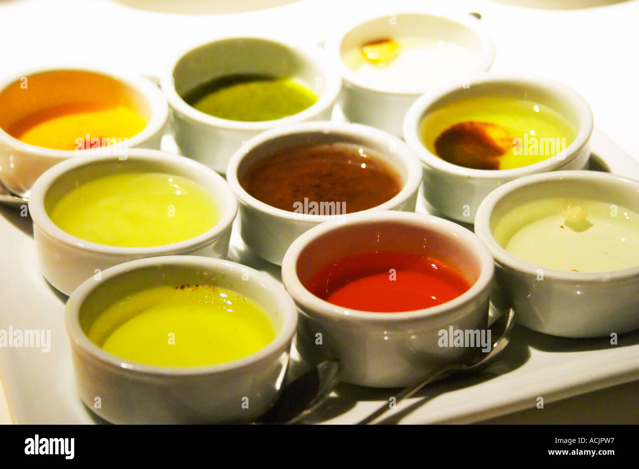 A selection of different kinds of oils. Each oil has a different taste ...