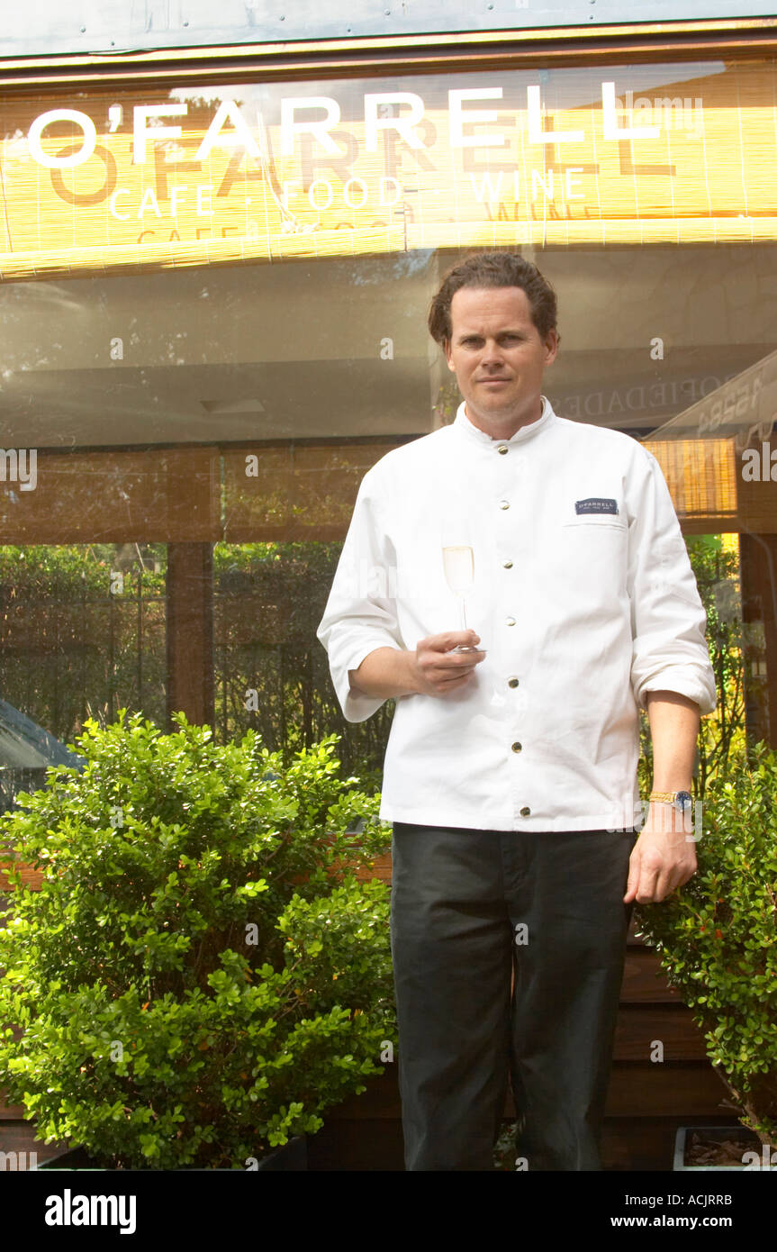 Hubert O'Farrell, chef cook and owner in front of the restaurant with a ...