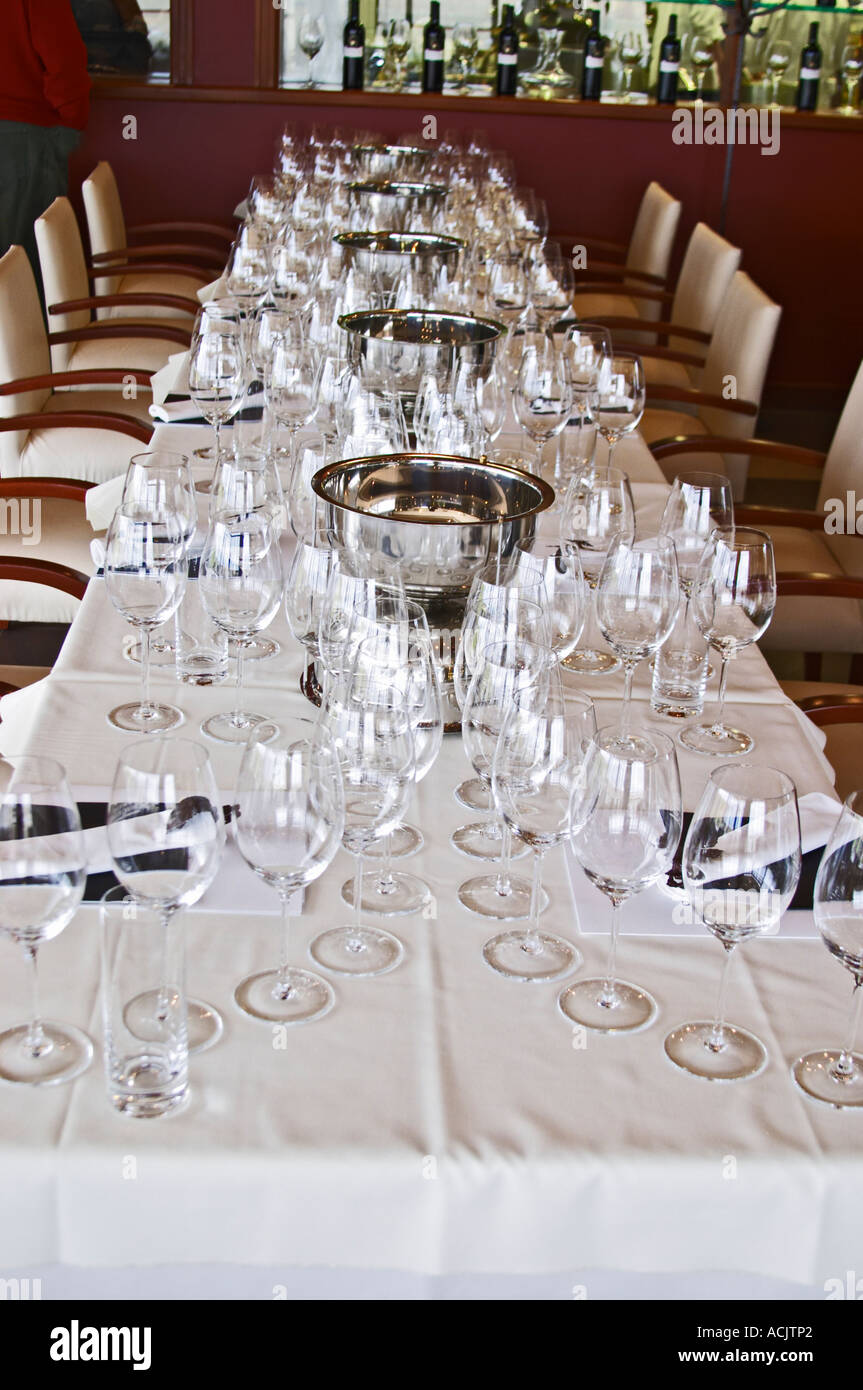 Table set for lunch and a big wine tasting, with many wine tasting ...