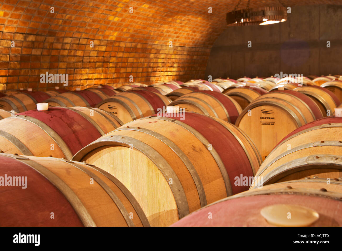 The barrel aging cellar. Bodega Familia Schroeder Winery, also called ...