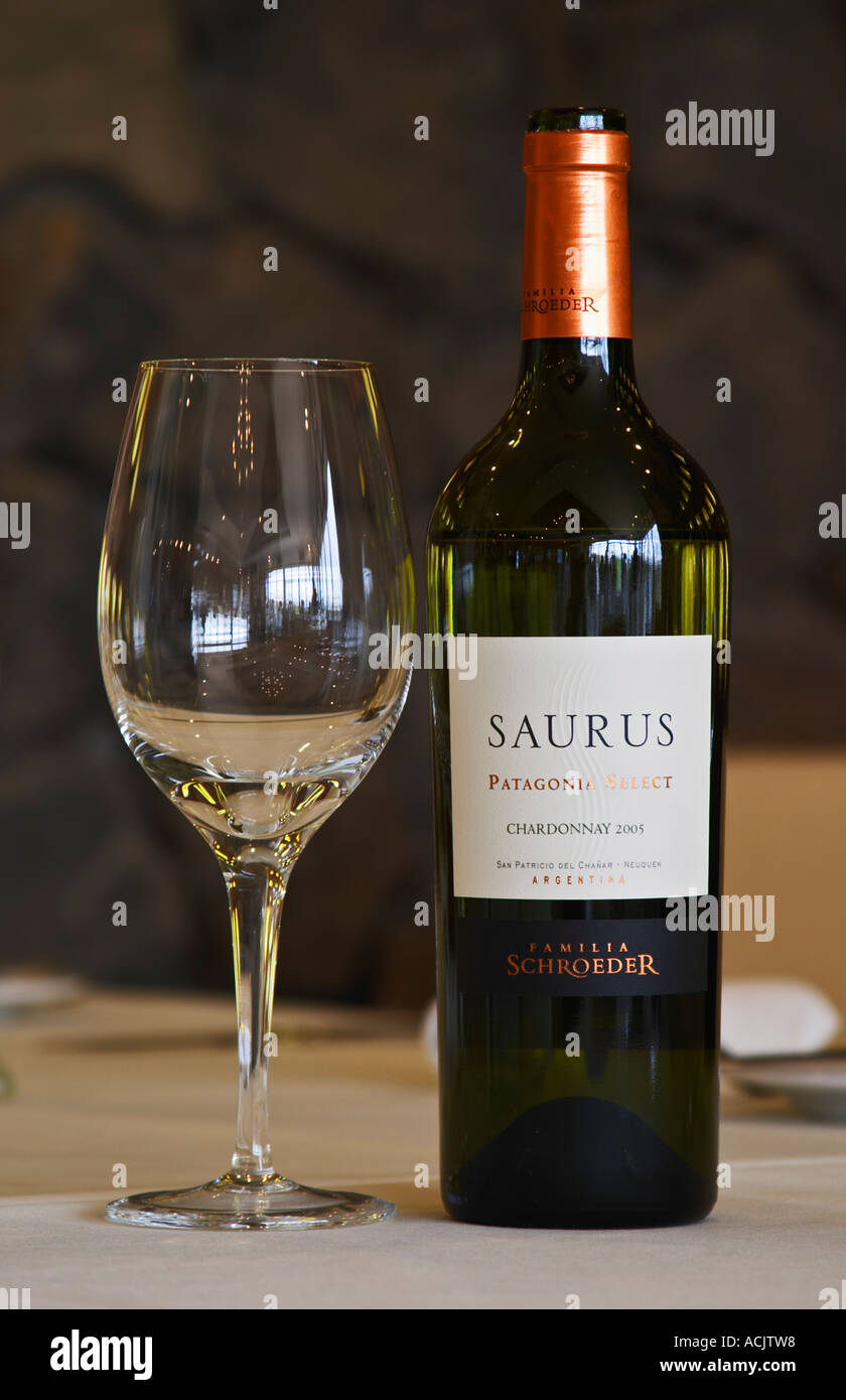 Bottle and glass of Saurus Patagonia Select Chardonnay Bodega Familia ...