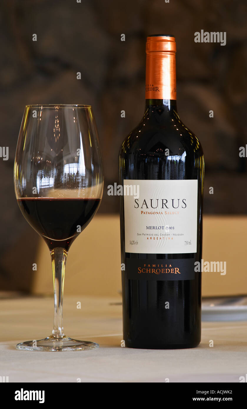 Bottle and glass of Saurus Patagonia Select Merlot Bodega Familia ...