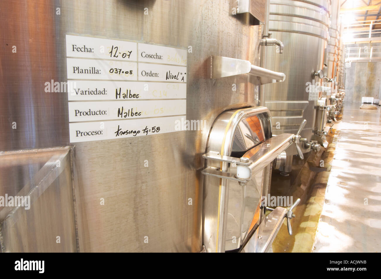 View over the winery, stainless steel fermentation tanks, Malbec Bodega ...