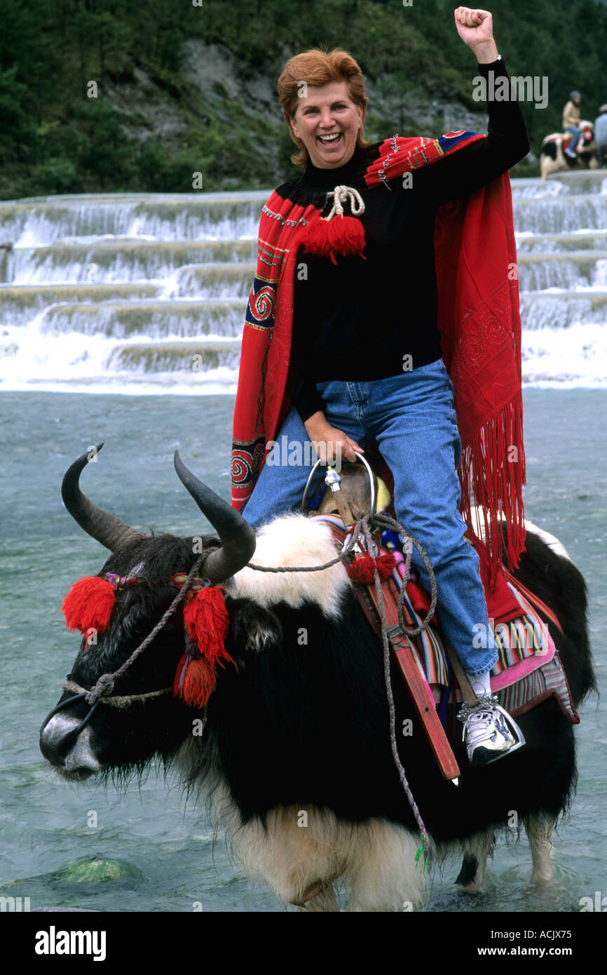 Tourists on yak at Jade Dragon Snow Mountains in Lijang China Stock ...