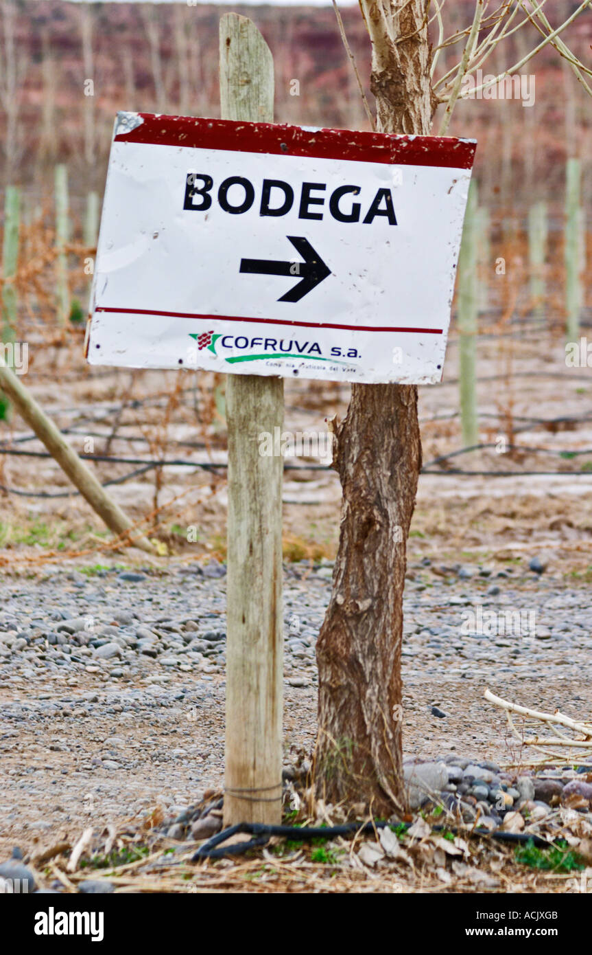 Sign with arrow to the bodega winery in the vineyard Bodega Del Anelo ...
