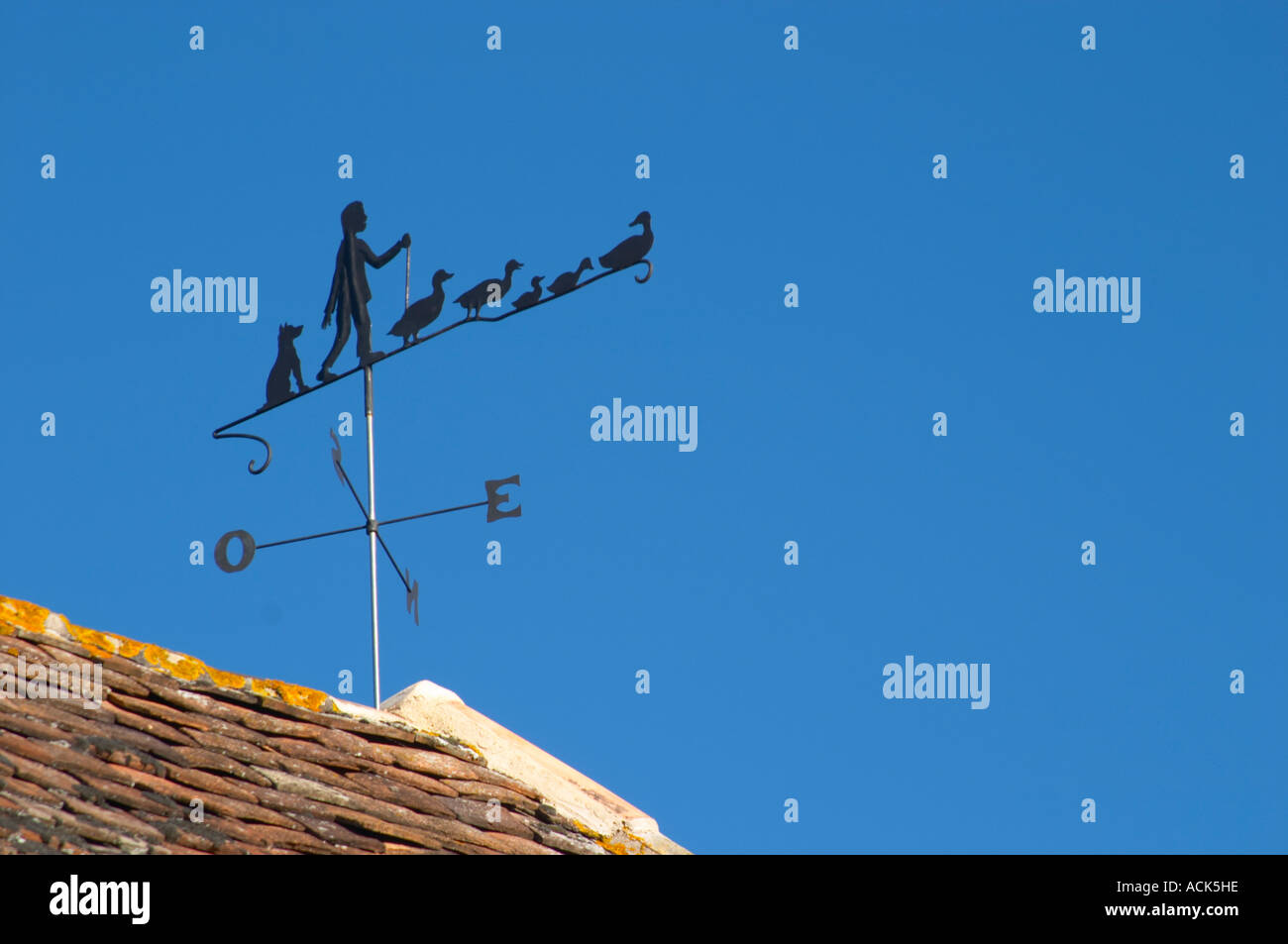 A weathercock weather vane showing a farmer with his or her geese on ...