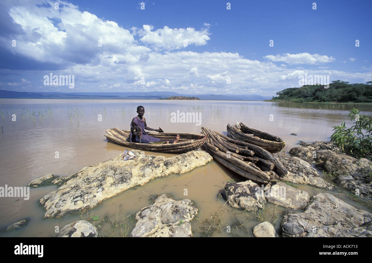 Njemps tribal man in traditional boat Lake Bogoria Tanzania Stock Photo ...