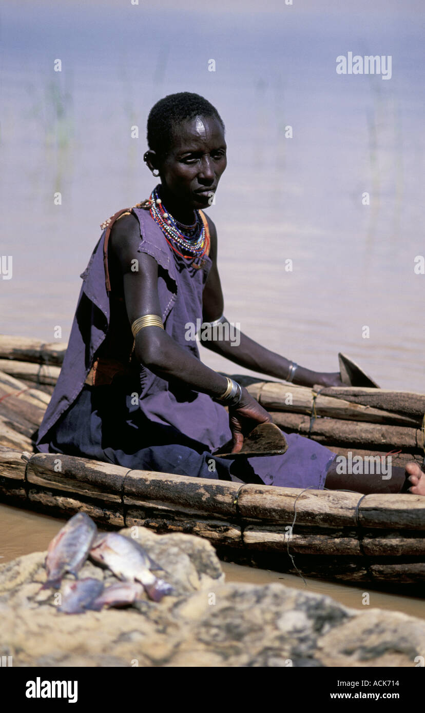 Njemps tribal man in traditional boat Lake Bogoria Tanzania Stock Photo ...