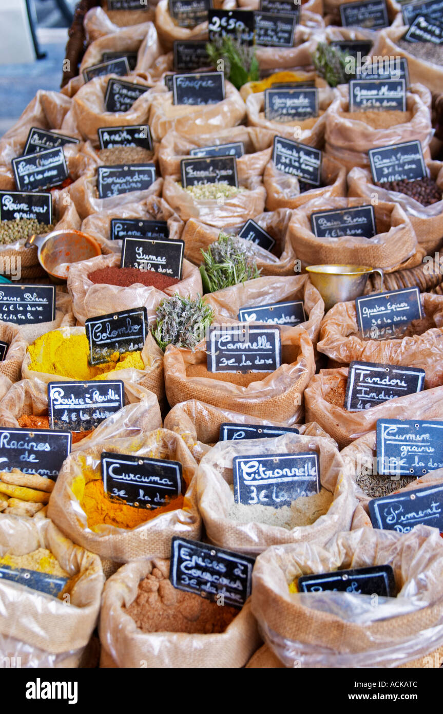 Street market merchant's stall with many different types of Provencal ...
