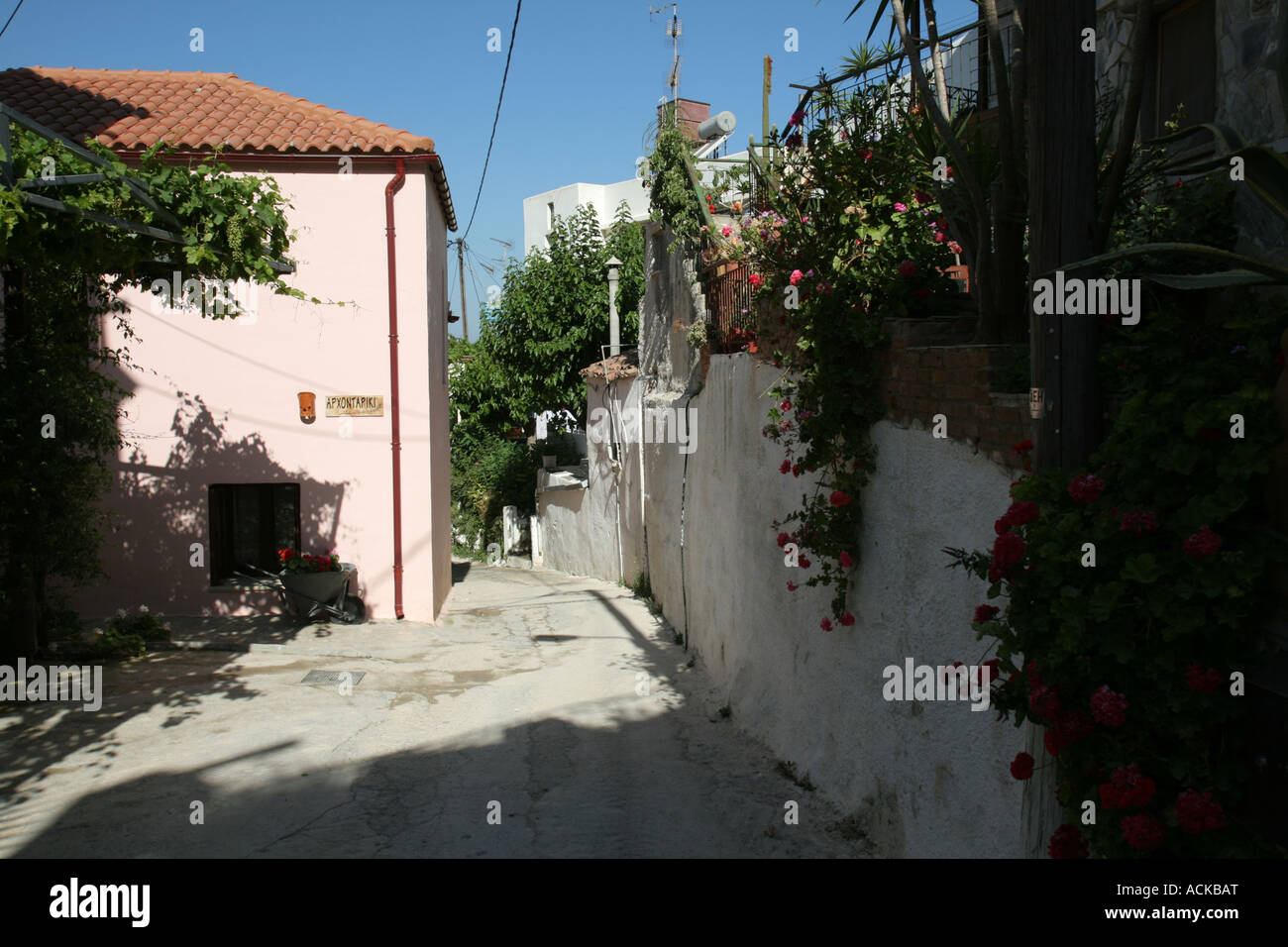 Street view in the old part of Platanias village, Crete, Greece Stock ...