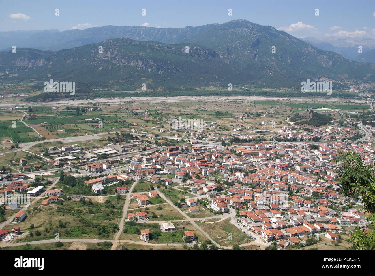 Aerial view of Kalambaka gateway town to Meteora area of rock pinnacles ...