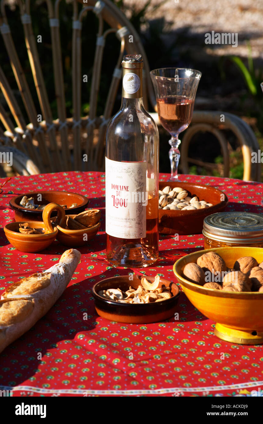 Aperitif and appetizers prepared on a Provencal table: bread, olives ...