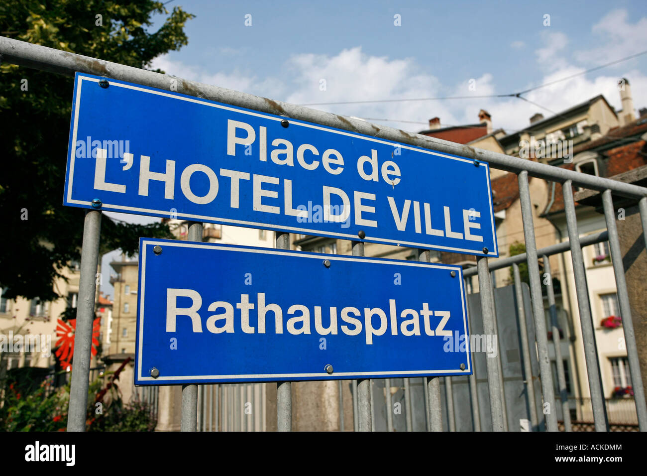 Bilingual street sign Fribourg Switzerland Europe Stock Photo - Alamy