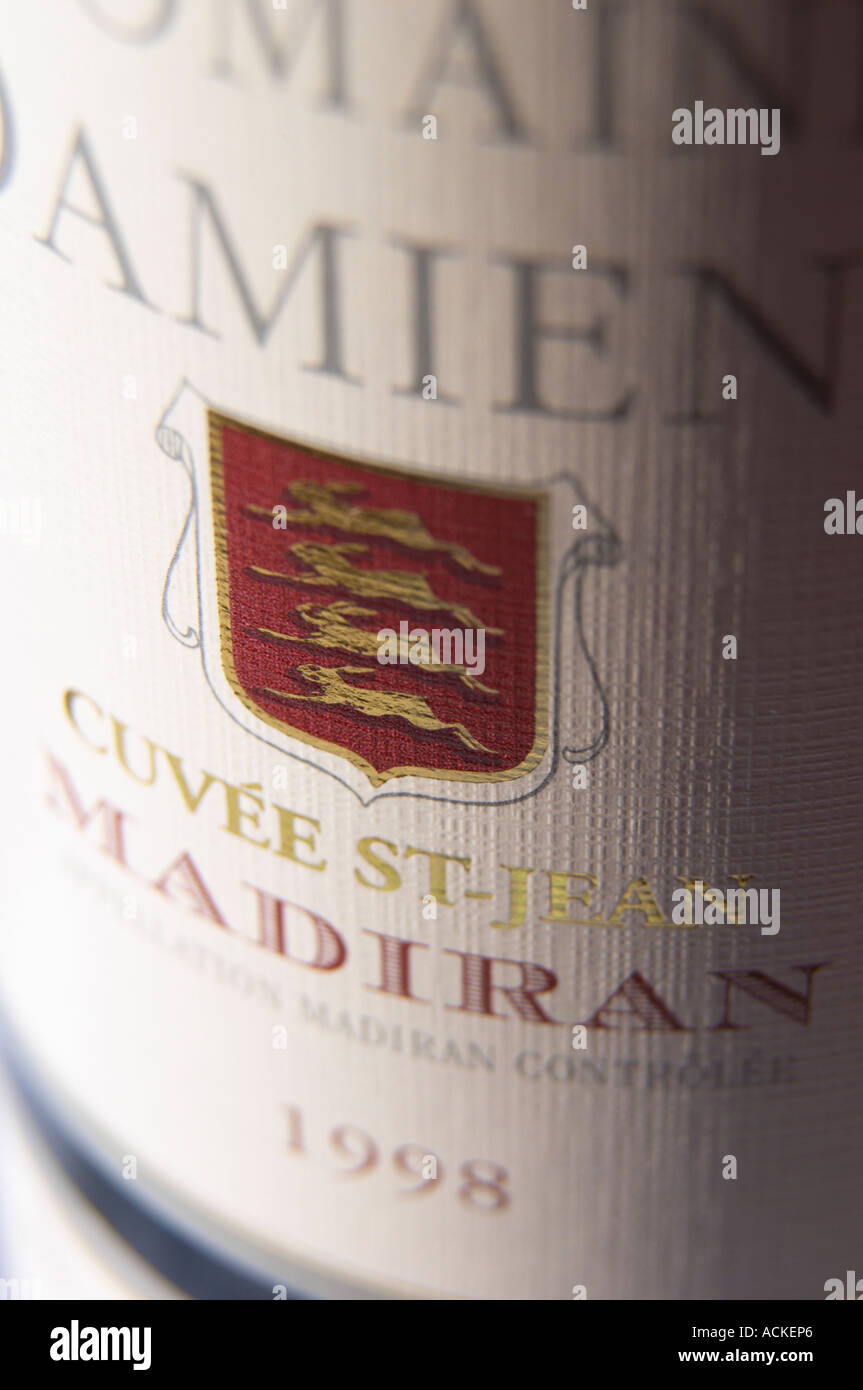 Bottle of Domaine Damiens Cuvee St Jean detail of label Madiran France ...