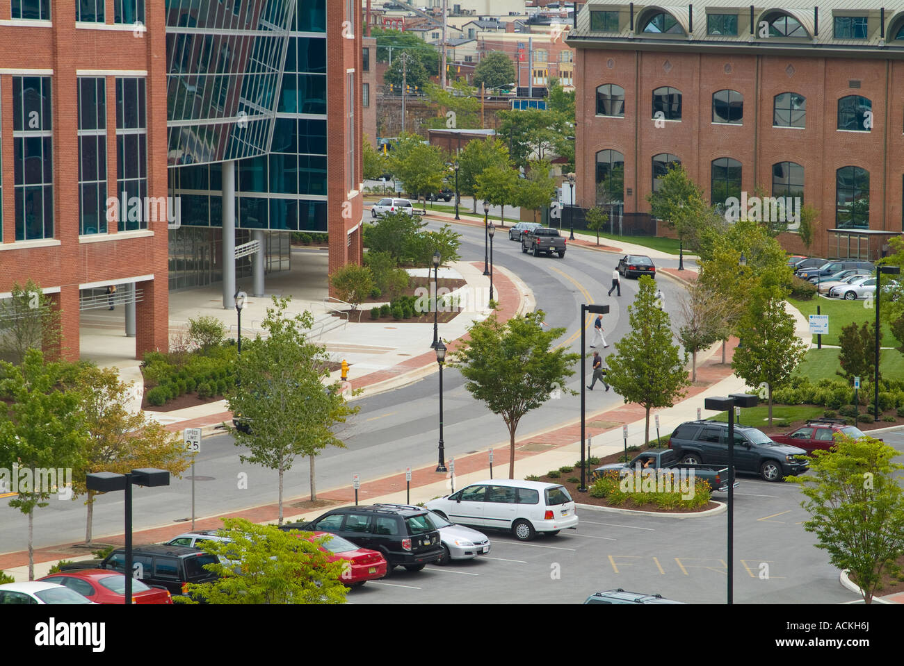 Suburban Tree Lined Street Scene With Office Buildings And Parking Lot ...