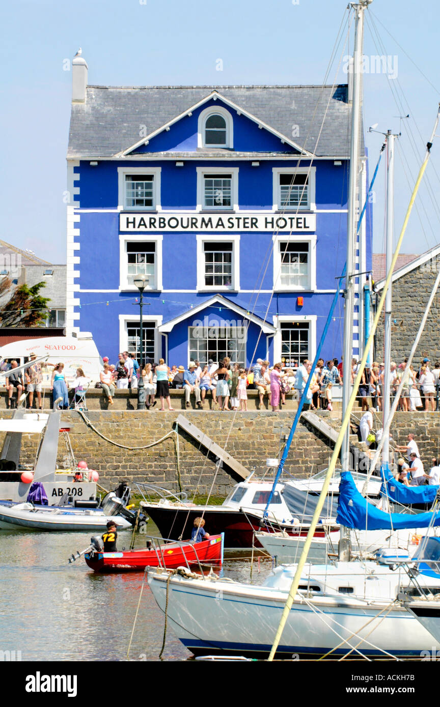 Harbourmaster Hotel on the quayside of Aberaeron harbour on a sunny ...