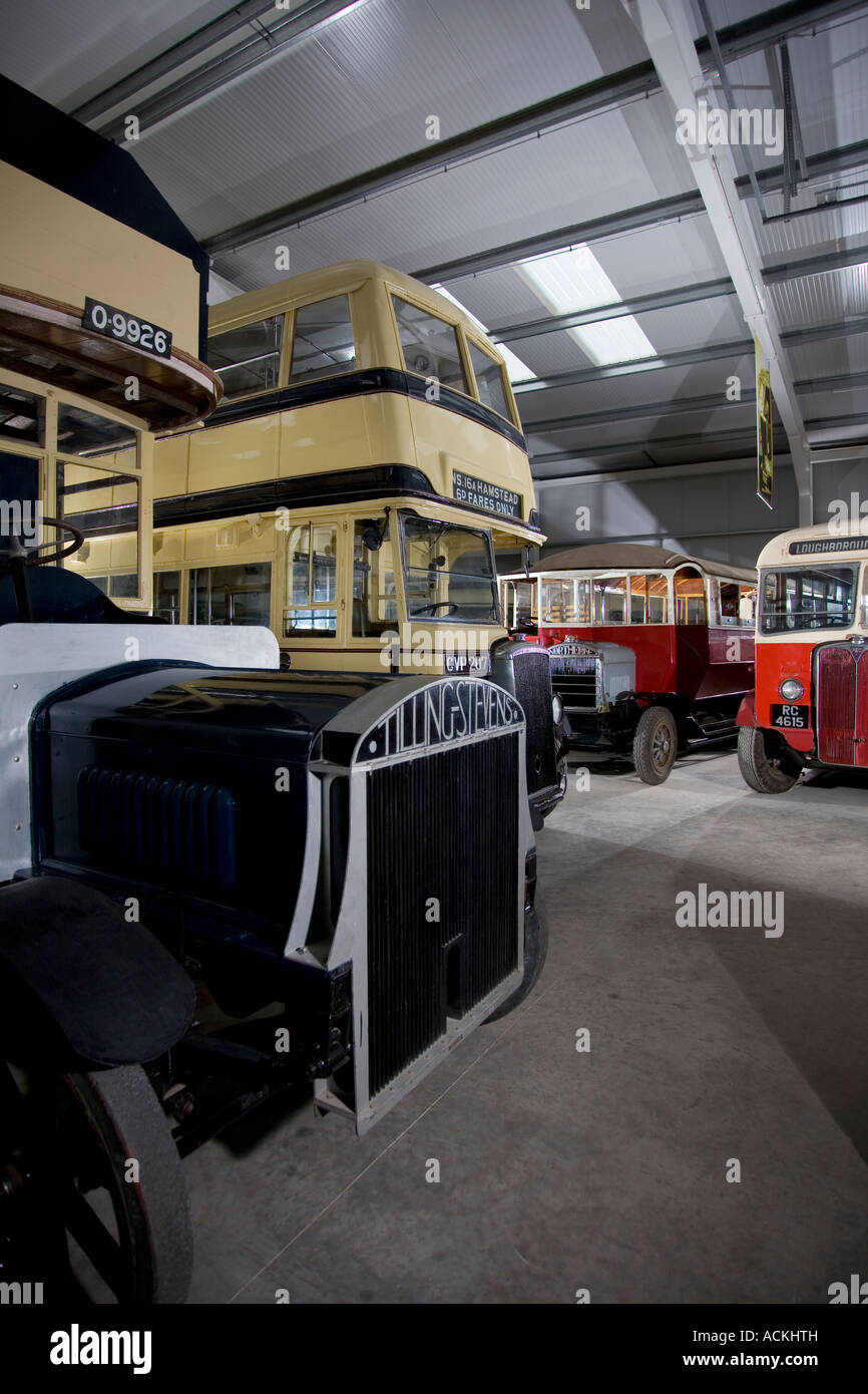 Interior of Wythall transport museum, Birmingham, with historic buses ...