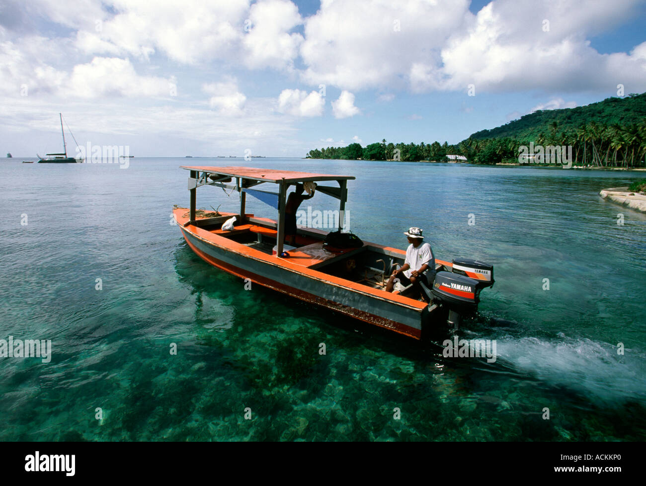Dive boat leaving dock Truk Lagoon Chuuk Federated States of Micronesia ...