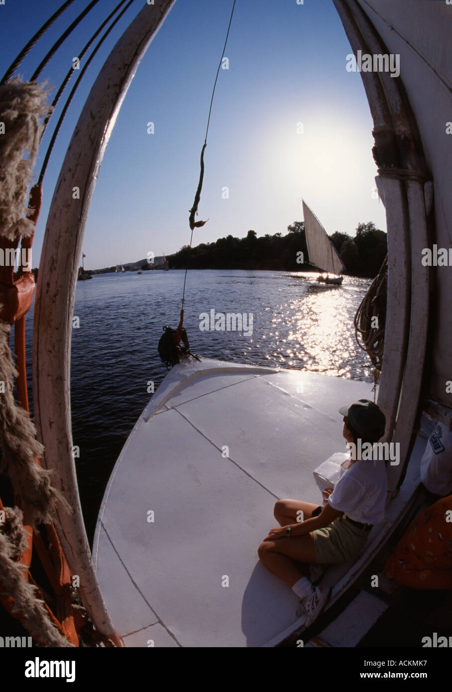 Egypt Nile River Aswan woman on felucca an ancient sailboat design ...