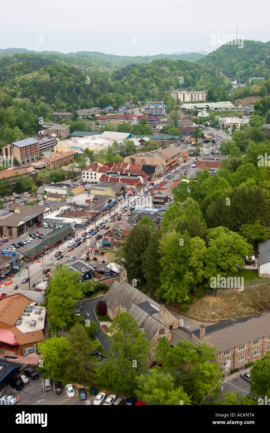 Aerial view of downtown Gatlinburg, Tennessee, USA looking south from ...